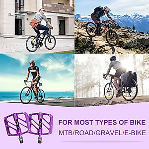 BUCKLOS MTB Flat Pedals Mountain Bike Pedals, 3 Bearings CNC Adult Road Bike Pedals, Bicycle Platform Aluminum Alloy Non-Slip Pedal for Gravel Bike/BMX 9/16"(Purple)