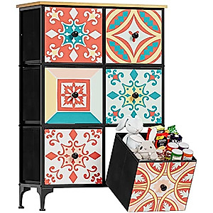 YILQQPER Dresser for Bedroom 6 Drawer Dressers & Chests of Drawers Tall Dresser Organizer Fabric Storage Tower for Closet and Nursery Kids and Adult, Fabric Bins, Wood Top, Boho Colorful Painted