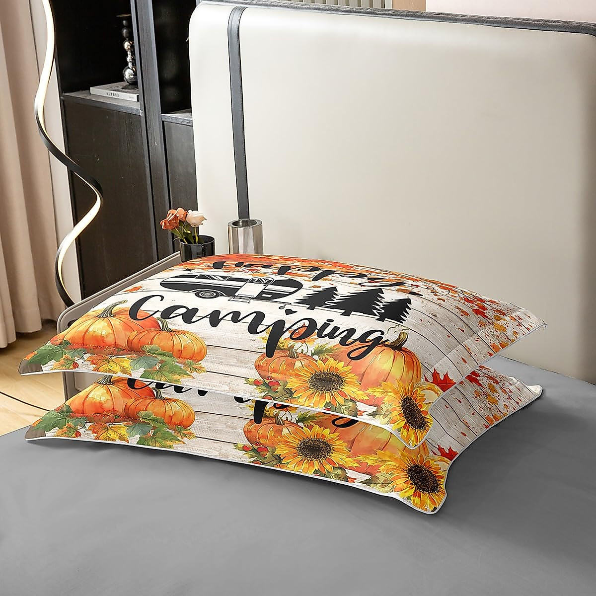 Happy Camping 100% Cotton Queen Duvet Cover Watercolor Orange Maple Leaves Pumpkin Bedding Set for Kids Teens Adults Retro Sunflowers Retro Wooden Stripes Comforter Cover,2 Pillowcases,No Comforter