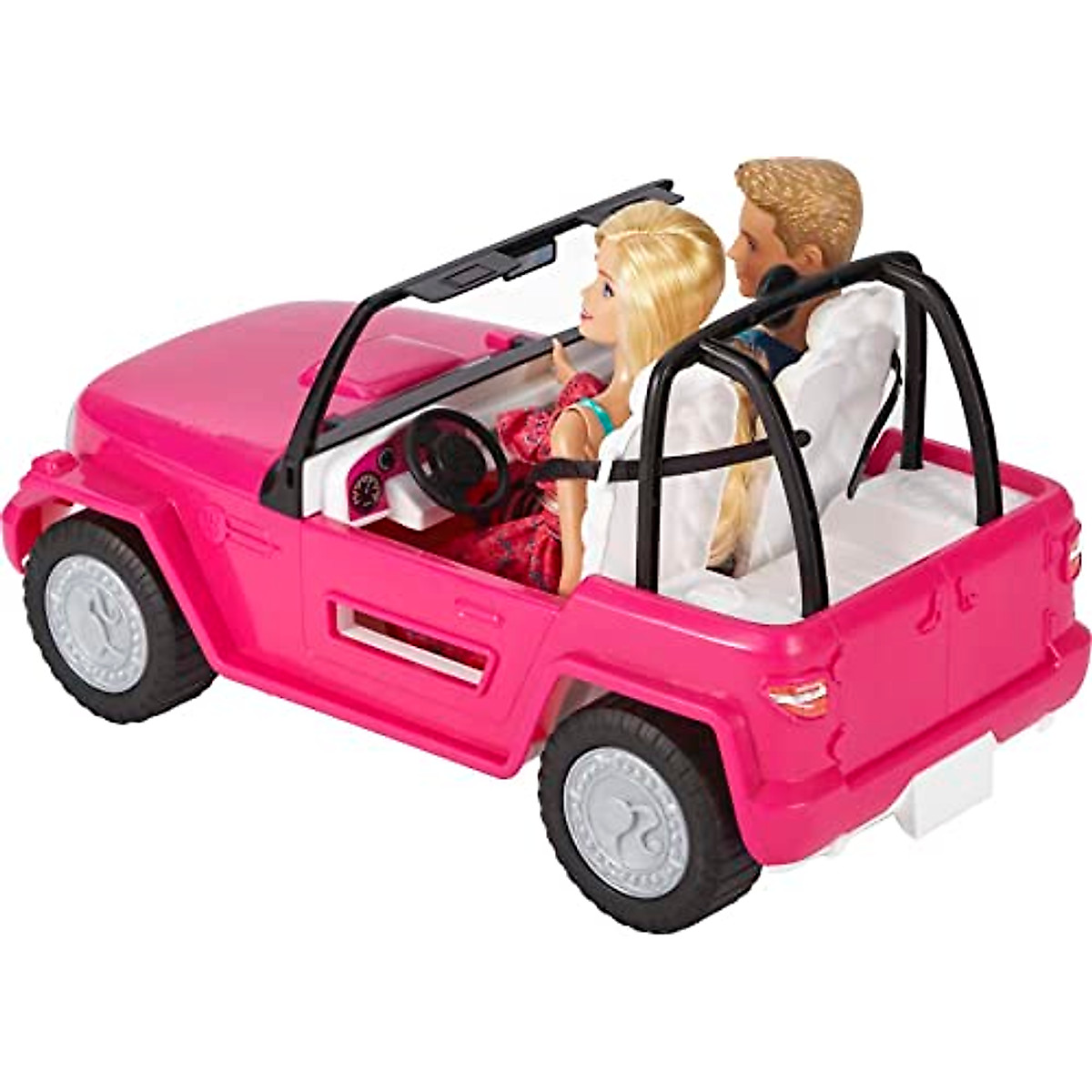 Barbie Car Beach Cruiser with Doll in Sundress and Ken Outfit, Pink 2-Seater Open Toy