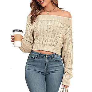 ZAFUL Women's Off Shoulder Cable Knit Crop Top Sweater - Long Sleeve Pullover with Batwing Sleeves