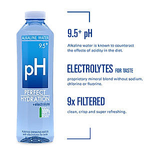 Perfect Hydration 9.5+ pH Alkaline Drinking Water 100% Recycled Bottles Electrolyte Minerals for Taste 24 pack - 20 oz
