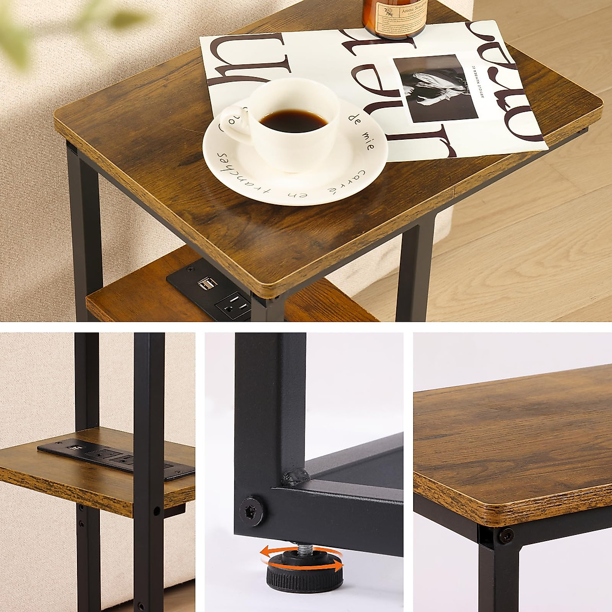 Fixwal Side Table, C Table End Table for Couch, Living Room Side Table with Charging Station, Bedroom Side Table, Living Room Coffee Table, Sofa Table
