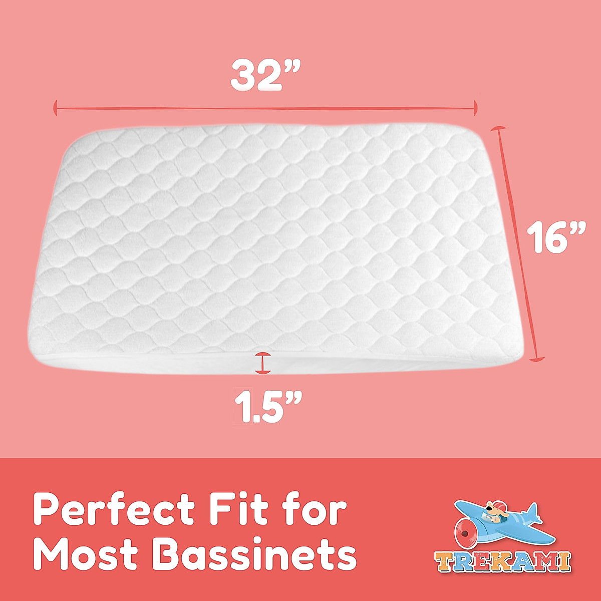 Baby Bassinet Mattress Pad - Rectangle Bassinet Mattress 16x32x1.5 with Waterproof Washable Zippered & Breathable Bassinet Mattress Topper Cover - Rectangle Baby Mattress Fit for Moses Basket & Cradle