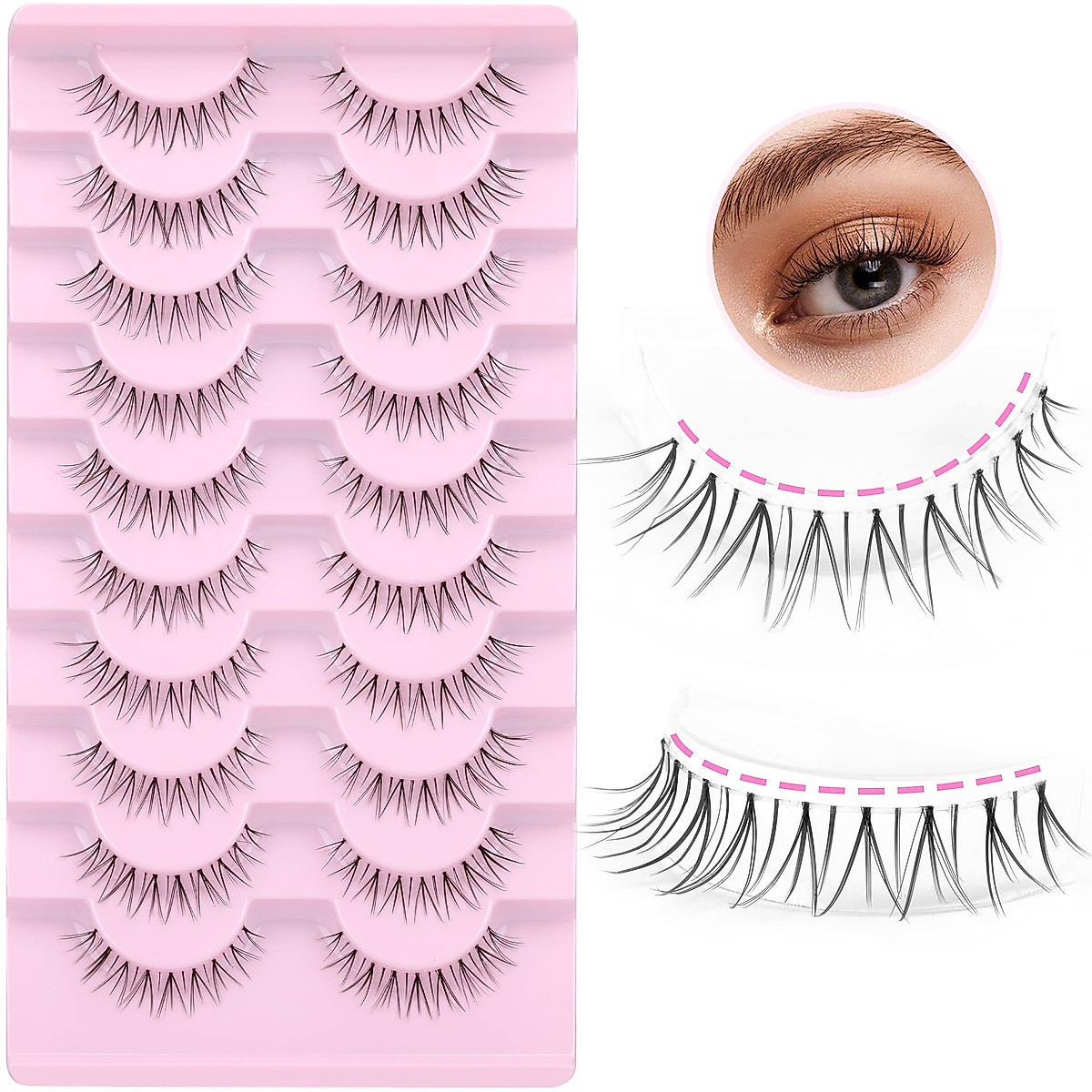 False Eyelashes Wispy Short Cat Eye Lashes Natural Look Clear Band Soft Fake Eyelashes 10 Pairs Pack Japanese Lashes 10mm Korean Asian Spiky Lashes by FANXITON