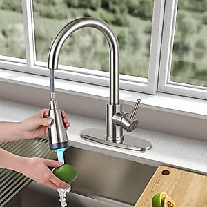 Qomolangma LED Kitchen Faucet with Pull Down Sprayer, Brushed Nickel Single Handle Kitchen Sink Faucet with Pull Out Sprayer, Stainless Steel