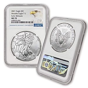 2021 1 oz American Silver Eagle Coin MS-70 (MS70 - Heraldic Eagle T-1 - Early Releases - Eagle Label) $1 Mint State NGC