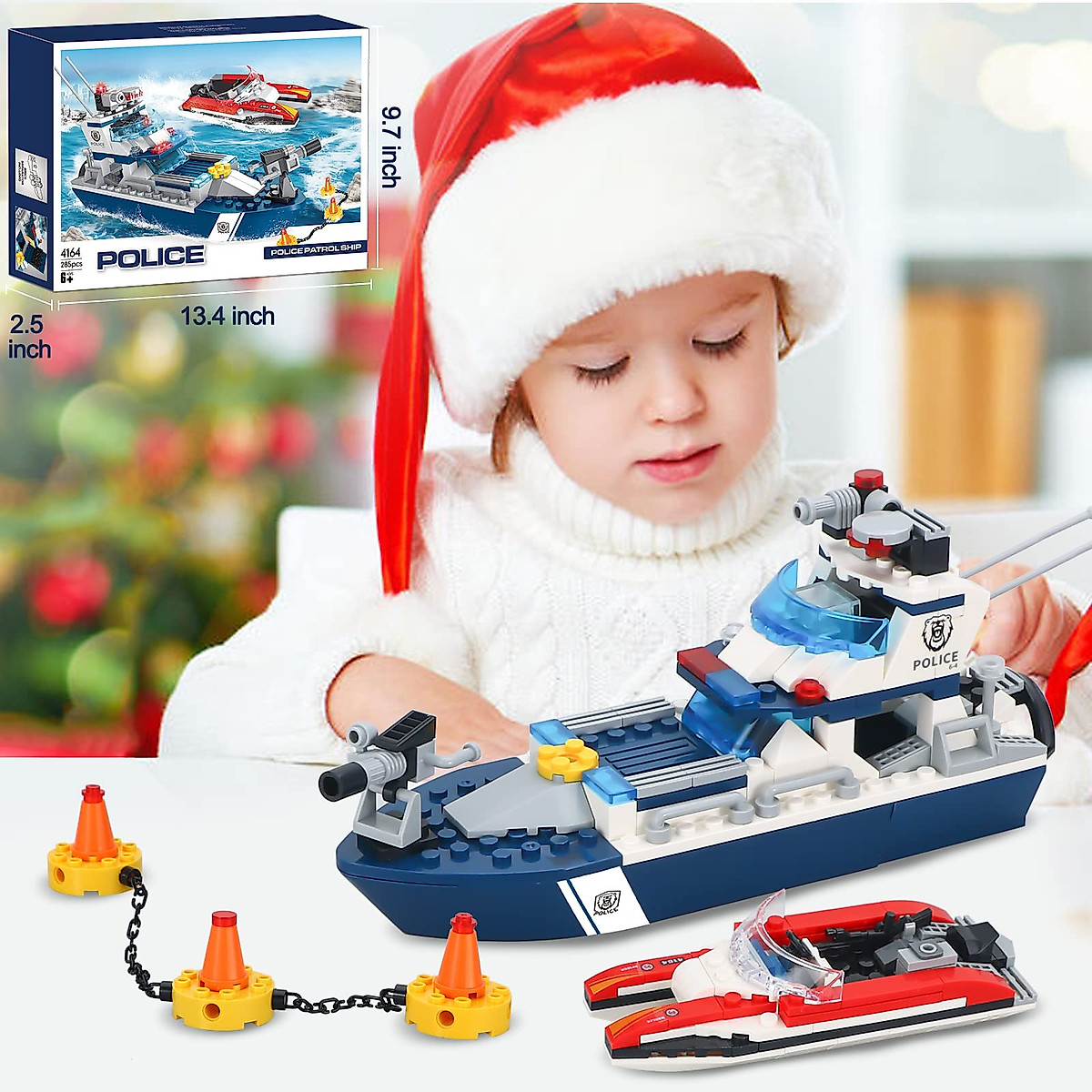 COGO MAN City Police Patrol Boat Building Blocks with Race Boat, Coast Guard Ship Cop Chase Crook Boat Building Toys, Police Toy Gift for Boys Kids Aged 6-12, 285 Pieces