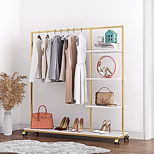 FONECHIN Metal Gold Clothing Rack for Boutique Use, Heavy Duty Garment Rack with Shelves for Retail Display (59L inches)