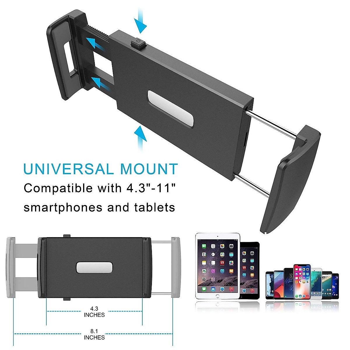 APPS2Car Tablet Holder for Car, Car Tablet Mount with Adjustable Clamp (Up to 8.3"), 10.57" Height Adjustable iPad Holder for 4.3"-11" Cell Phones & Tablets, Perfect Travel Companion