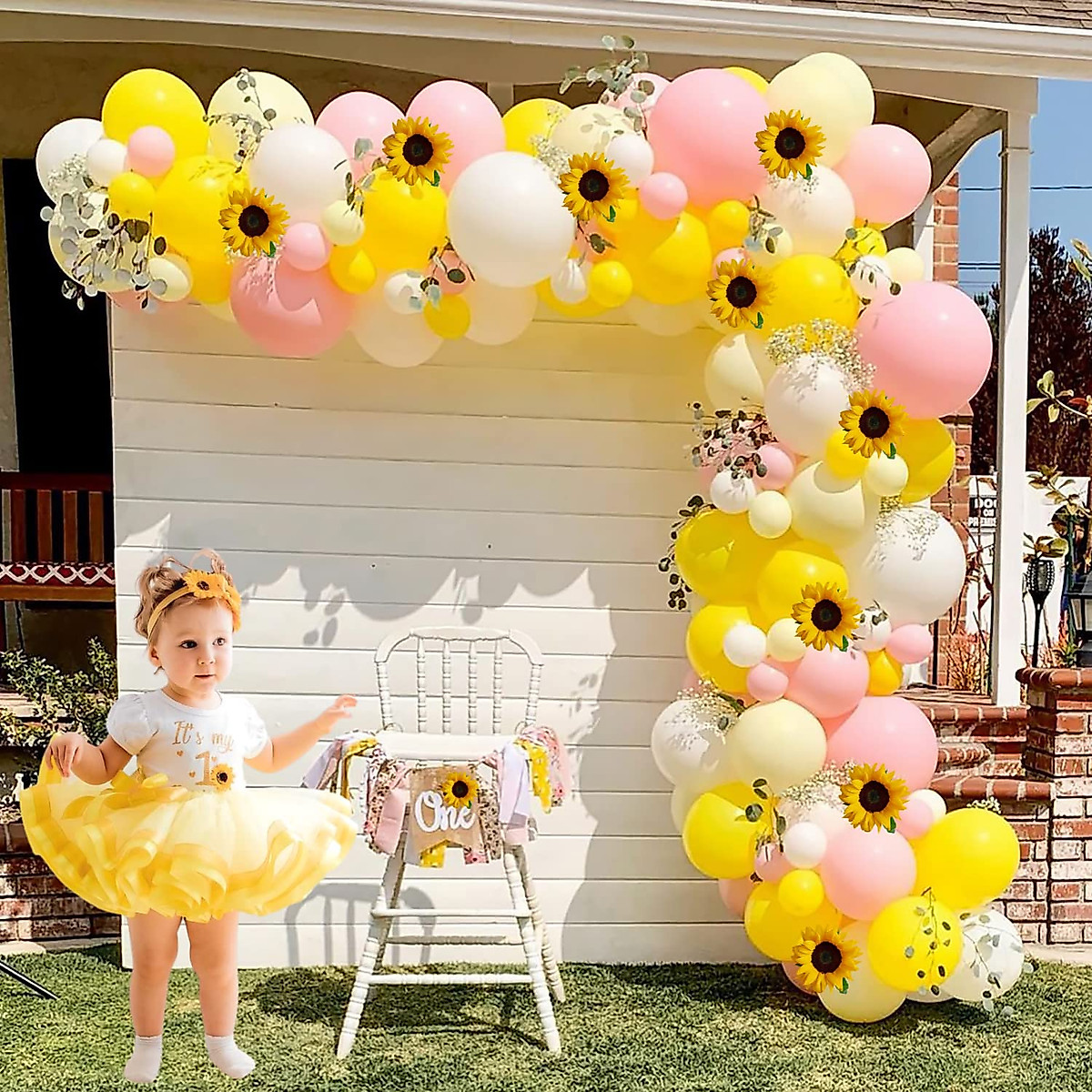 Boognt DIY Pink Yellow White Balloon Garland Kit Arch Kit 160PCS Balloons for Lemonade Girls First Birthday You are my Sunshine Kids Bee Day Sunflower Oh Baby Shower Bridal Shower Balloon Party Decor