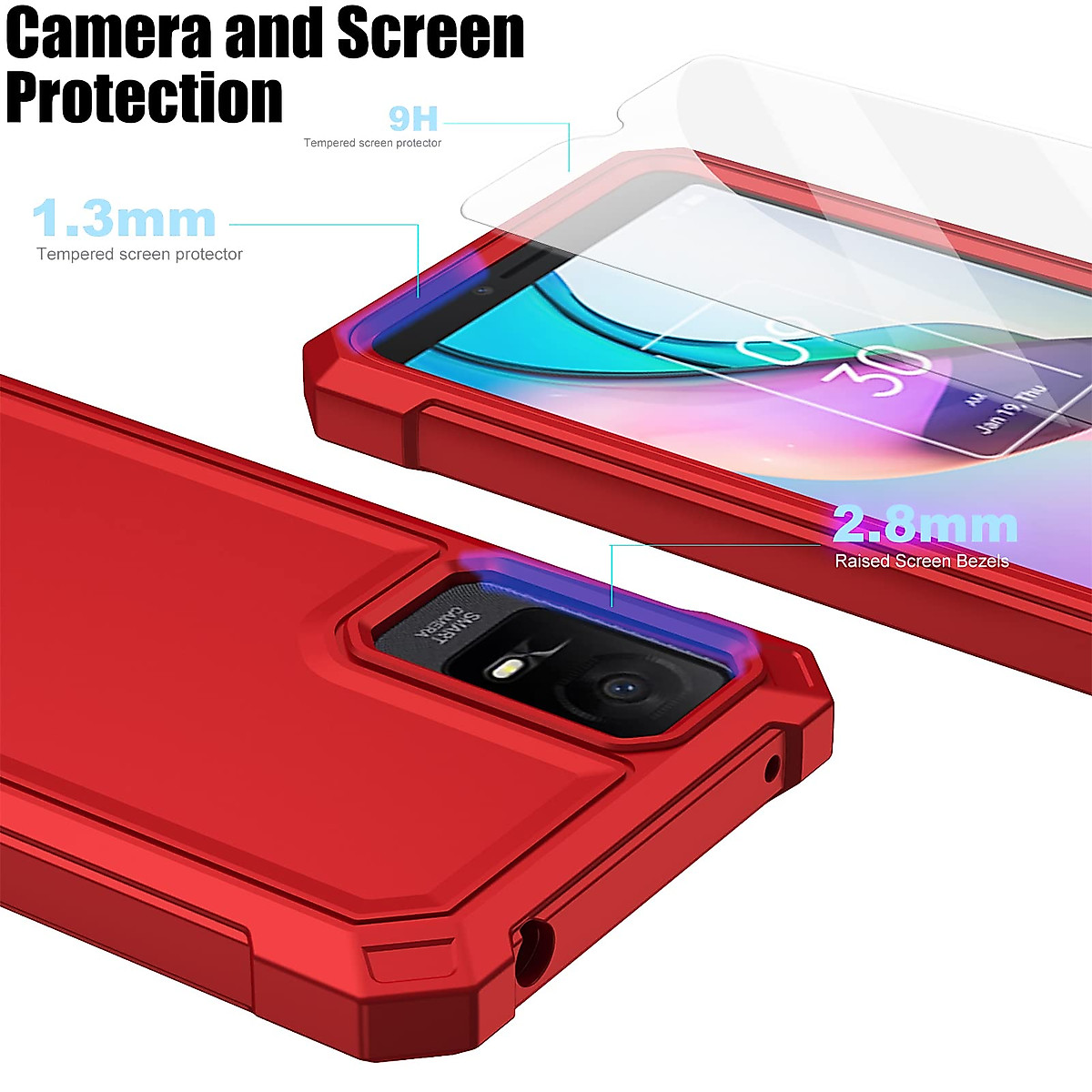 Ailiber for TCL 30Z Phone Case, Straight Talk TCL 30 Z T602DL Case with Screen Protector, Dual Layer Structure Protection, Shockproof Corner TPU Bumper, Slim Silicone Phone Cover for TCL 30Z-Red