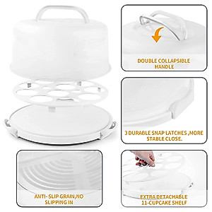 HOYA PONYOO Portable Cake Carrier with Handle, Round Cupcake Holder with Lid, Plastic Storage Container Box fit 10 inch Cake, 3-Locking Muffin and Pies Keeper with Cover (White)