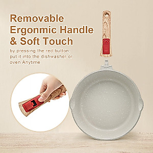 Bobikuke 5 Pcs Nonstick Deep Frying Pan Set with Removable Handle, 8"&9.5" &11" Granite Coating Non stick Skillets Cookware Set with Universal Lid, Oven& Dishwasher Safe (White)