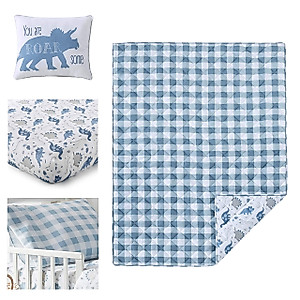 Levtex Baby - Dino Toddler Bed Set - Shades of Blue and Grey - Dinosaur - 5 Piece Set Includes Reversible Quilt, Fitted Sheet, Flat Sheet, Pillow Case, Decorative Pilow