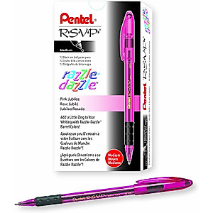 Pentel R.S.V.P. Razzle-Dazzle Ballpoint Pen, Medium Line, Pink Barrel, Black Ink, Box of 12 (BK91RDP-A)