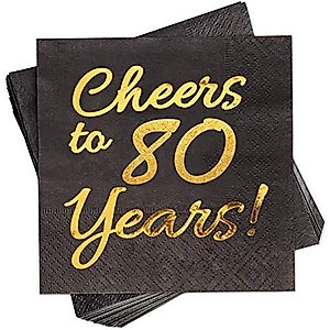 80th Birthday Decorations for Men Women Party Supplies Cocktail Napkins Black 50 Pack,5"x 5" Folded,Cheers to 80 Years! (80)