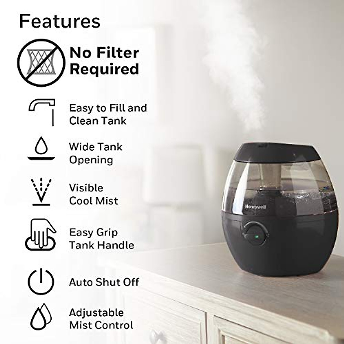 Honeywell HUL520B Mistmate Cool Mist Humidifier Black With Easy Fill Tank & Auto Shut-Off, For Small Room, Bedroom, Baby Room, Office