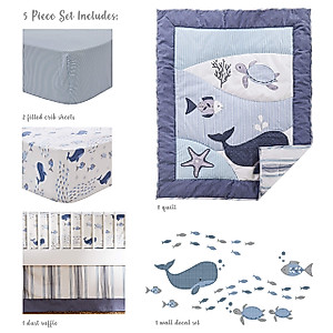 Levtex Baby - Boho Bay Crib Bed Set - Baby Nursery Set - Navy, Blue, Grey and White - Under The Sea - 5 Piece Set Includes Quilt, Two Fitted Sheets, Wall Decal & Skirt/Dust Ruffle