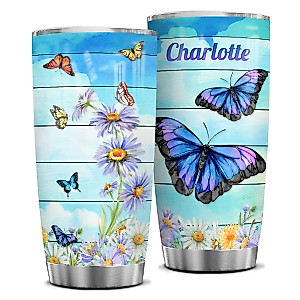 Wassmin Personalized Butterfly Tumbler Cup 20oz 30oz Stainless Steel Insulated Tumblers 20oz 30oz Butterflies Coffee Travel Mug With Lid Custom Name Customized Birthday Christmas Presents Stuff