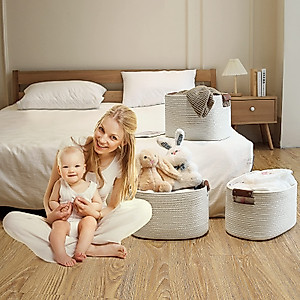 Collapsible Cotton Rope Storage Baskets [1-Pack], Woven Shelf Storage Basket, Nursery Organizers, Laundry Basket for Baby Clothes, Toys, Makeup, Books, Towels (White, 15''×10''×9'')