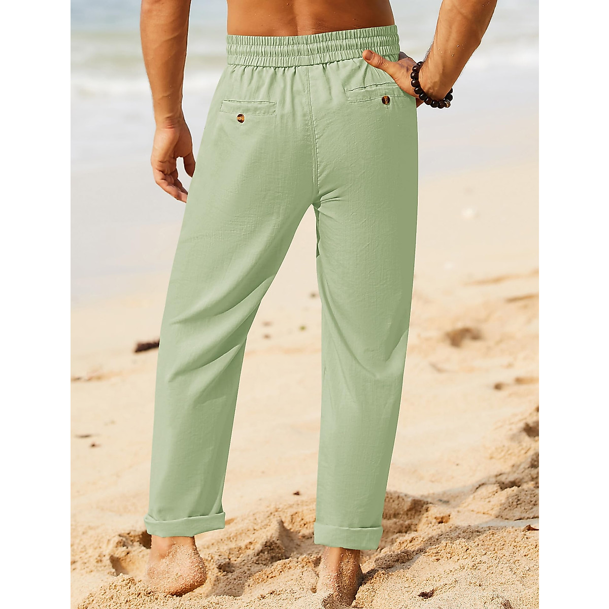 iWoo Mens Lounge Pants Lightweight Baggy Linen Pants Elastic Waistband 2XL Green