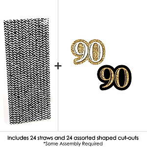 Adult 90th Birthday - Gold - Paper Straw Decor - Birthday Party Striped Decorative Straws - Set of 24