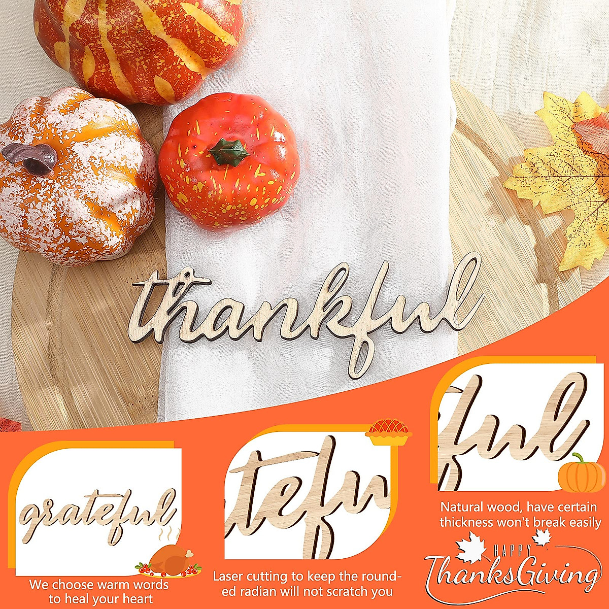 Yalikop 6 Pieces Thanksgiving Wood Cutouts Thankful Grateful Sign Handmade Wood Signs for Thanksgiving Fall Plate Decor Crafts DIY Decorations Supplies, 6 Styles