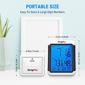 TempPro B65S Indoor Outdoor Thermometer Wireless Digital Hygrometer Temperature Sensor Humidity Gauge Monitor with Large Backlight Touchscreen for Home Thermometer