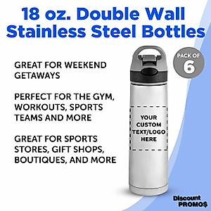 Custom Double Wall Stainless Steel Bottles 18 oz. Set of 6, Personalized Bulk Pack - Perfect for Water, Energy Drink, Iced Tea, Soda, Other Hot and Cold Beverages - Black