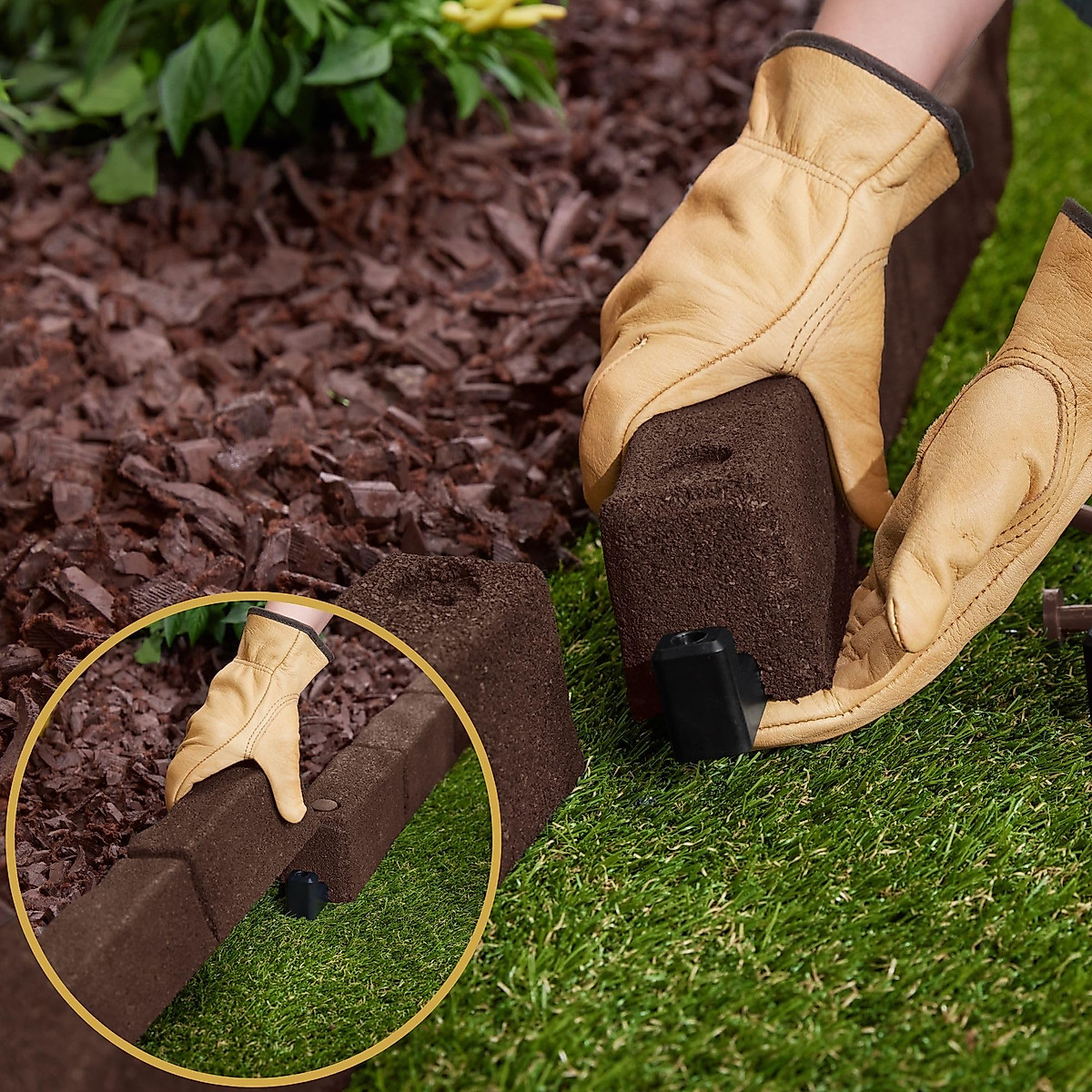 Rubberific 4' Rubber Cobblestone Flexible No Dig Landscape Mulch Border Edging with Anchoring Spikes for Lawns, Gardens, and Flower Beds - 4 Pack (Brown)