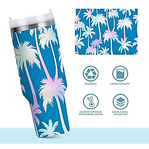 DIGTIA Stainless Steel Insulated Tumbler w/Handle & Straw, Palm Trees Colorful Double Wall Vacuum Travel Coffee Mug Cup w/Lid, Leak-Proof Sports Summer Water Bottle,30oz