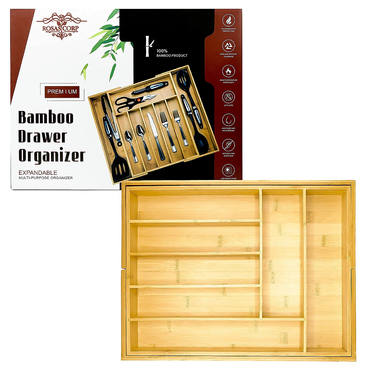 Rosas Corp Bamboo Expandable Kitchen Drawer Organizer - 100% Pure Bamboo, 7 to 9 Compartments Adjustable Drawer Dividers Organizer for Silverware, Cutlery Tray, Flatware and Other Kitchen Utensils