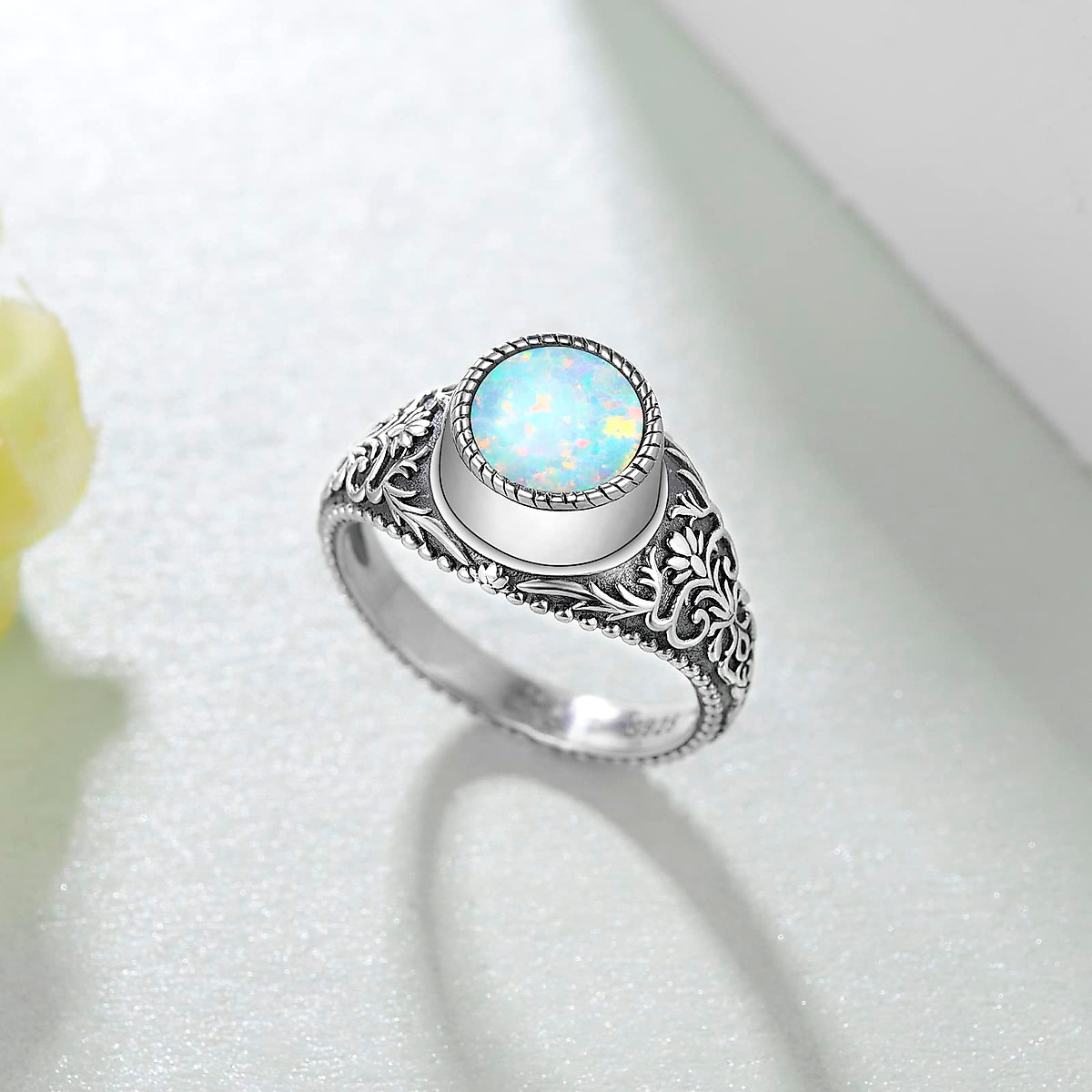 SVODEA Urn Rings for Ashes Cremation Jewelry,925 Sterling Silver Created Lab Opal Cage Filigree Ashes Keepsake Urns Bands with w/Funnel Filler,Memorial Gifts for Women (5)