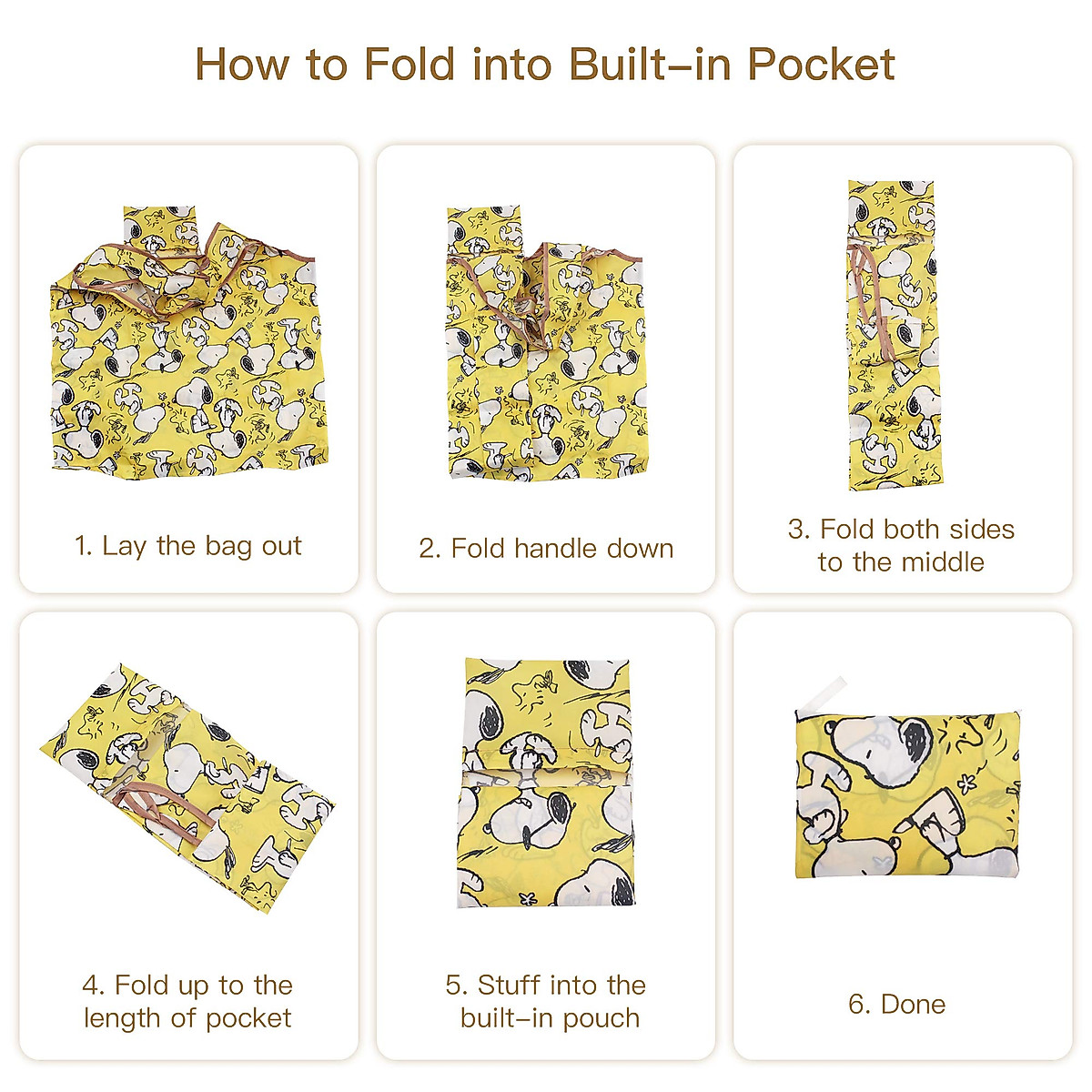 FINEX 3 Pcs Set Yellow Snoopy Waterproof Foldable Washable Reusable Grocery Bags