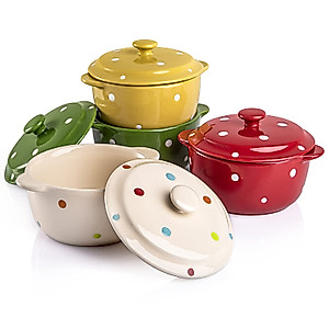 AVLA 4 Pack Porcelain Ramekins with Lid and Handle, 9 OZ , Ceramic Souffle Soup Creme Brulee Bowls, Oven Safe, Mini Casserole Dish (Polka Dot, Assorted Color)