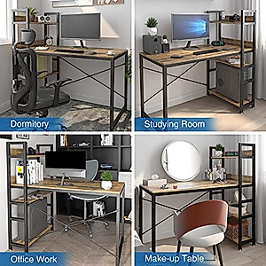 JSungo Computer Desk with 4 Tiers Shelves, 47 Inch Sturdy Table with Reversible Bookshelf for Home Office, Study Tower Desk for Small Space, Industrial Modern Style, Rustic Brown