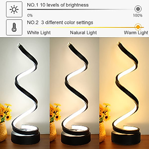 LENIVER LED Table Lamp, Modern Minimalist Dimmable Spiral Table Lamp, 12W 3 Color Bedside Lamp Desk Light for Bedroom, Living Room, Office, Nightstand, Bookshelf (Black)