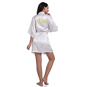 Goodsaleok Women's Satin Kimono Robe for Bride Bridesmaid Wedding Party Getting Ready One Size Robe, Bride White