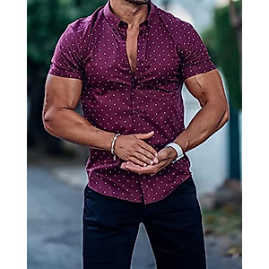 Mens Polka Dot Shirt Muscle Fit Button Down Short Sleeve Button Up Dress Shirts Purple S