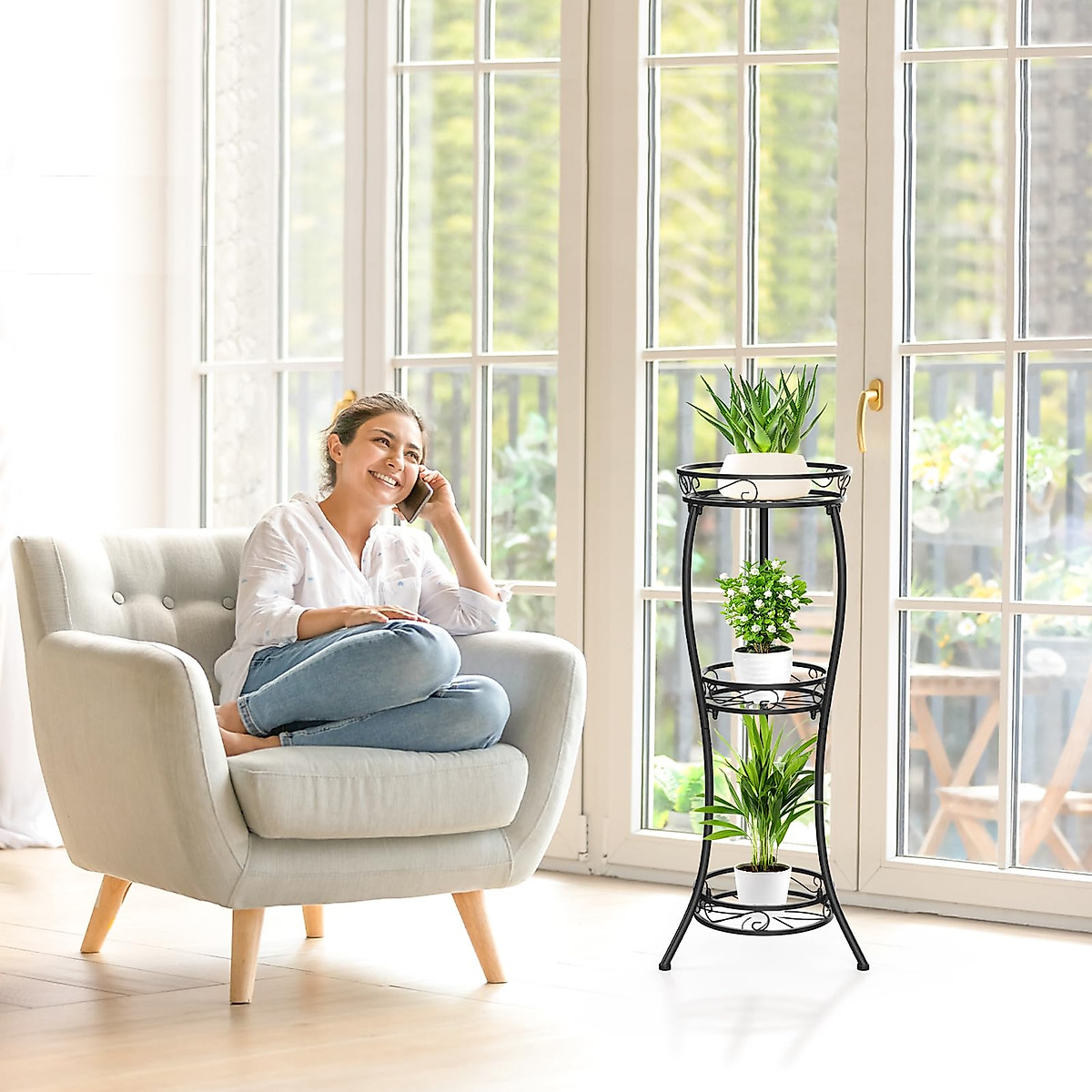 FLMOUTN 3 Tier Tall Metal Plant Stand for Indoor Outdoor Plants, 35 Inch Corner Plant Stands Display Rack, Rustproof Iron Flower Pot Holder Shelf for Patio Balcony Garden Living Room (Black)