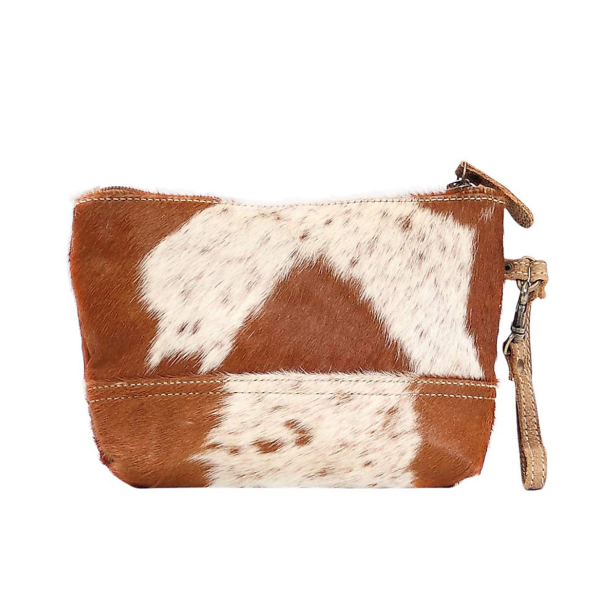 Myra Bag Snowy & Cocoa Upcycled Canvas & Cowhide Wristlet Pouch Bag S-1471