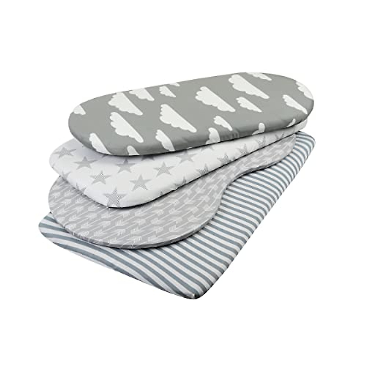 Bassinet Fitted Sheets 4 Pack for Baby Boy and Girl, Stretchy Soft Knitted Sheet Universal for Hourglass Oval and Rectangle Bassinet Mattress, Unisex Stripe Star Cloud and Arrow Printing