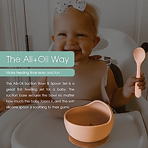 Ali+Oli Silicone Suction Bowl and Spoon Set (Blush, Original) - Unbreakable Suction Bowls for Baby 6 Months and Up, Self Feeding Baby Utensils, First Stage Baby Feeding Supplies