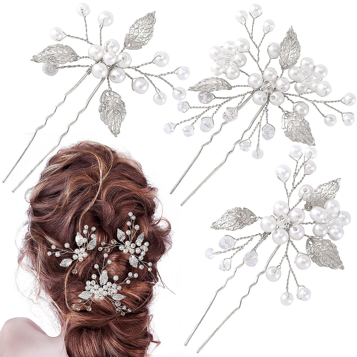 ANCIRS 3 Pack Pearl Bridal Wedding Hair Styling Pins, Vintage Leaves Style Bride Head Piece, U Shape Rhinestone Flower Hair Accessories for Women & Girls Bridesmaids Wedding Hairstyles- Silver