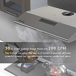 FIREGAS Under Cabinet Range Hood 30 inch, Ducted/Ductless Convertible Kitchen Hood Over Stove Vent, LED Light, 3 Speed Exhaust Fan, Reusable Aluminum Filters, Push Button, with Charcoal Filter