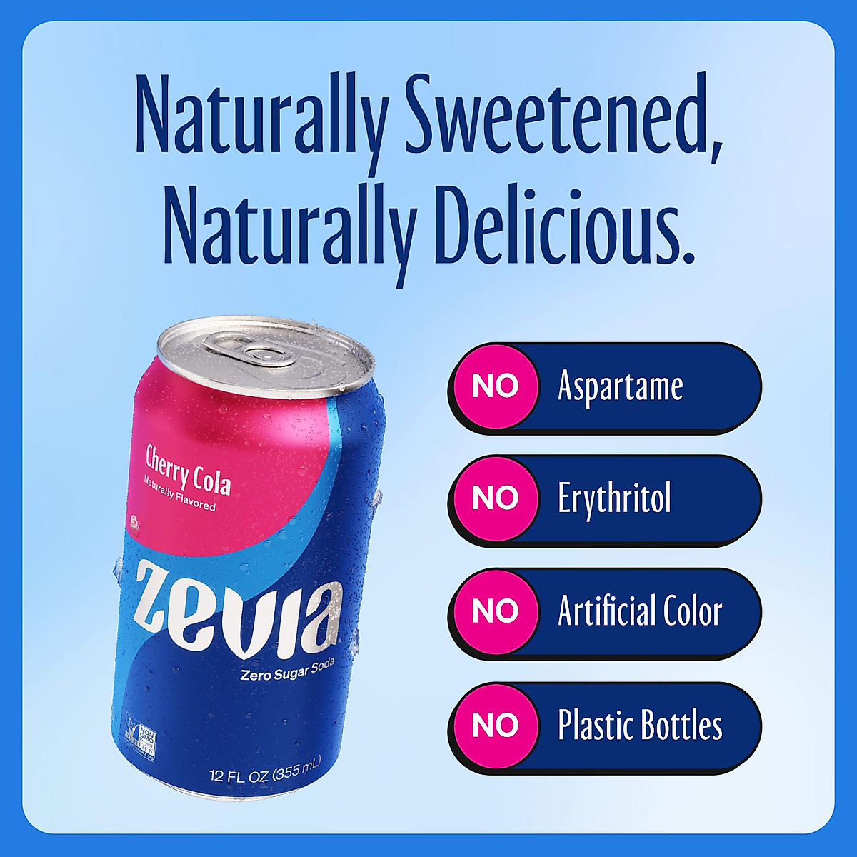 Zevia Zero Sugar Soda, Cherry Cola, 12 oz Cans (24-Pack) – Naturally Sweetened, Zero Calorie Sugar Free Soda - Non-GMO Project Verified, Gluten-Free, Vegan