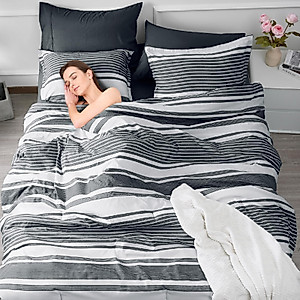 PHF 7 Pieces California King Comforter Set, Striped Bed in A Bag, Charcoal Grey White Bedding & 18" Deep Pocket All Season, Ultra Soft Bedding Sets with Comforter, Sheets, Pillowcases & Shams