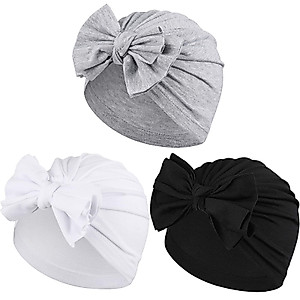 3 Pieces Baby Bow Knot Turban Hats Beanie Headwraps for Toddlers Girls (Black, White, Grey)