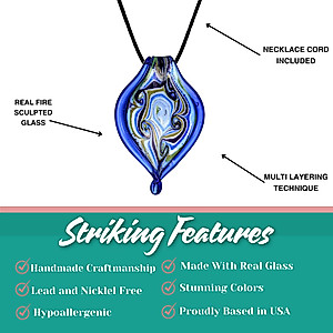 BESHEEK Handmade Murano Inspired Blown Abstract Glass Lampwork Art Pendant Necklace for Women Handcrafted Artisan Hypoallergenic Italian Style Jewelry (Cobalt Blue Swirls Twisted Leaf)